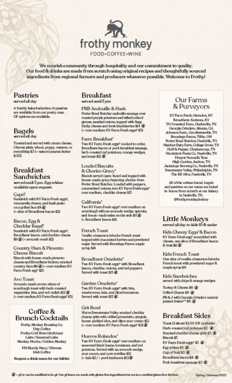 Frothy Monkey Food & Drink Menus | Frothy Monkey