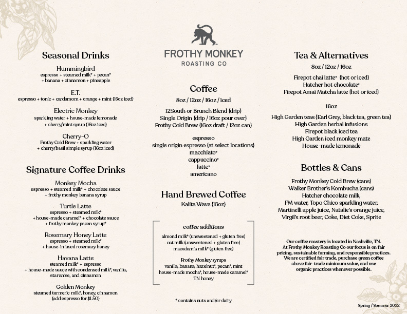 Frothy Monkey Food & Drink Menus | Frothy Monkey