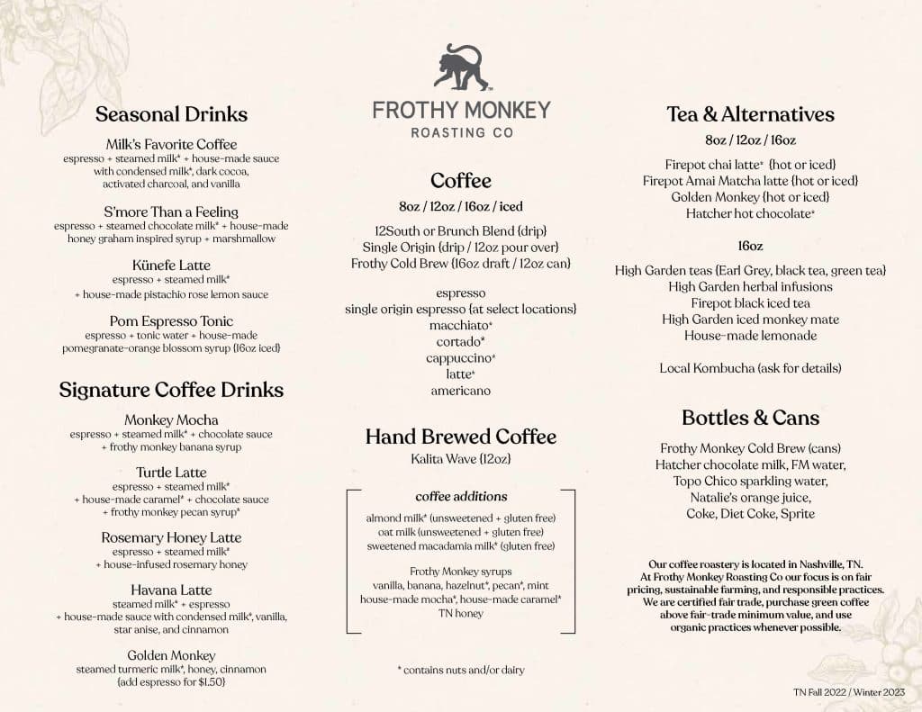 Frothy Monkey Food & Drink Menus – Frothy Monkey
