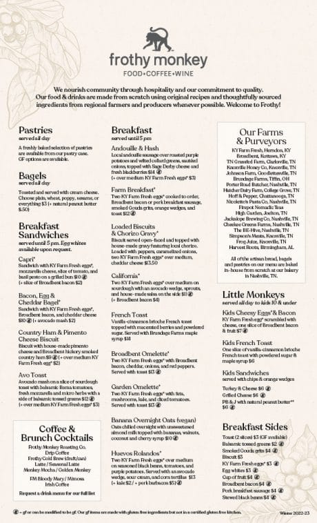 Frothy Monkey Food & Drink Menus – Frothy Monkey