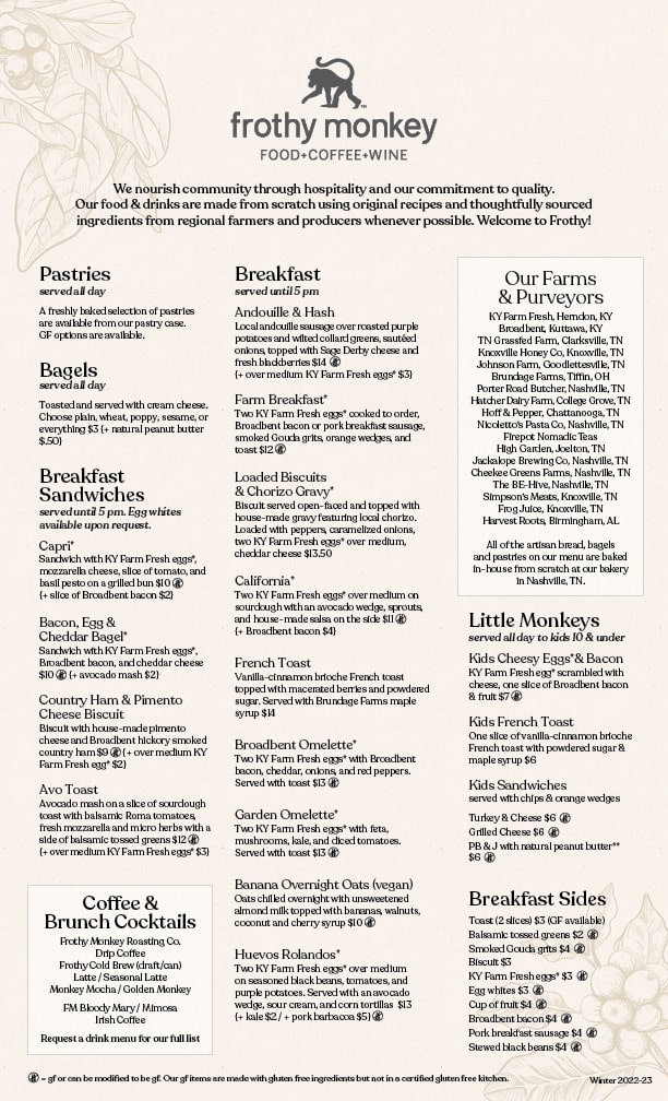 Frothy Monkey Food & Drink Menus – Frothy Monkey