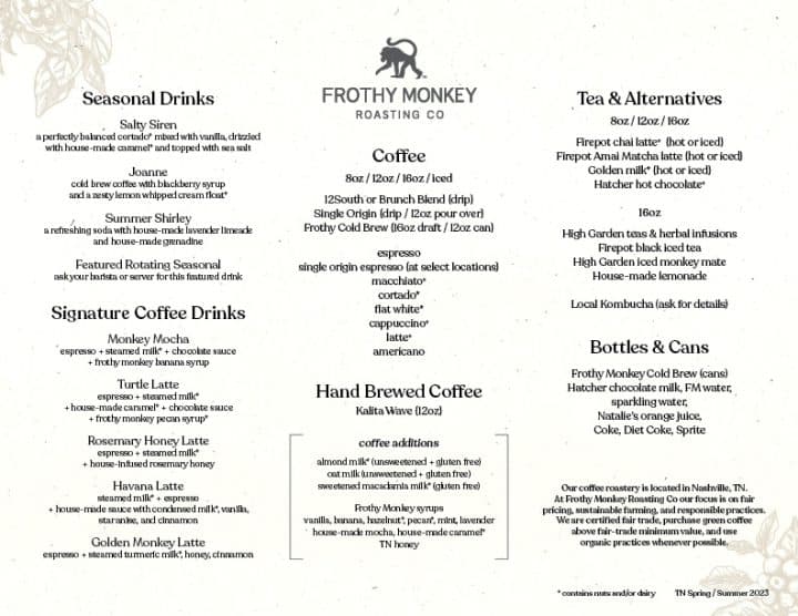Frothy Monkey Food & Drink Menus – Frothy Monkey