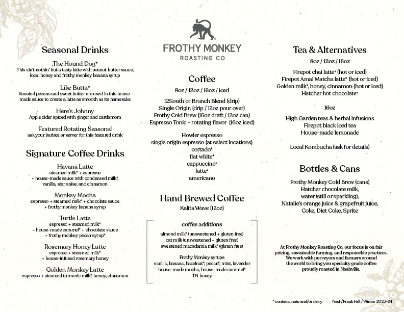 Frothy Monkey Food & Drink Menus – Frothy Monkey