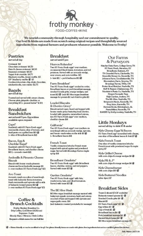 Frothy Monkey Food & Drink Menus – Frothy Monkey