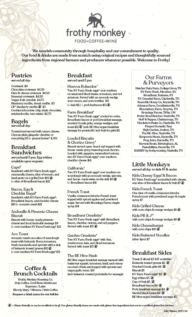 Frothy Monkey Food & Drink Menus – Frothy Monkey
