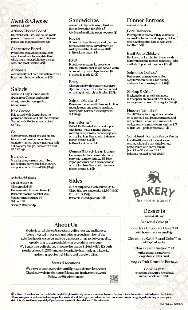 Frothy Monkey Food & Drink Menus – Frothy Monkey