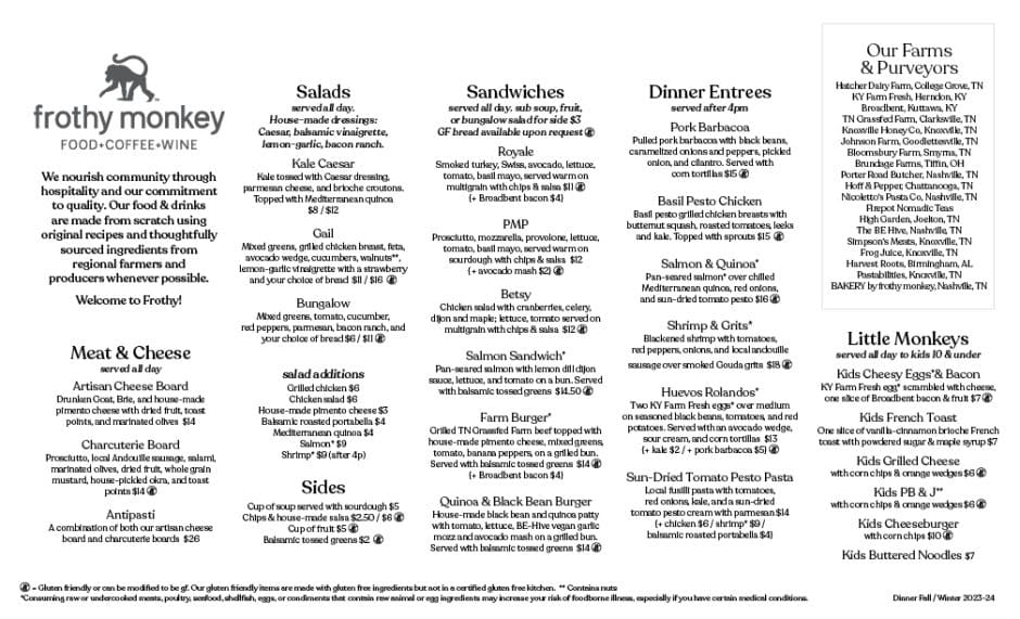 Frothy Monkey Food & Drink Menus – Frothy Monkey